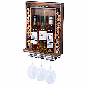 Rustic State Kayra Wall Mounted Wood Wine Bottle Box Rack with Cork Storage Glassware Holder Stemware Shelf Organizer - Home, Kitchen, Dining Room Bar Décor - Walnut