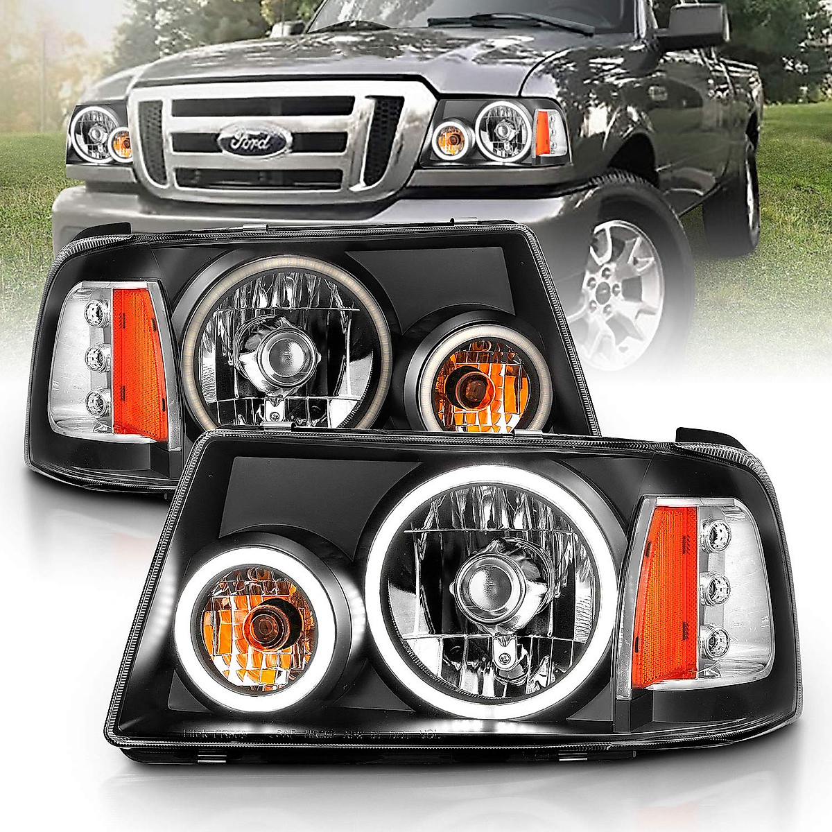 AmeriLite 1pc Black Replacement Headlights Corner Dual LED Halo Set For 01-11 Ford Ranger - Passenger and Driver Side