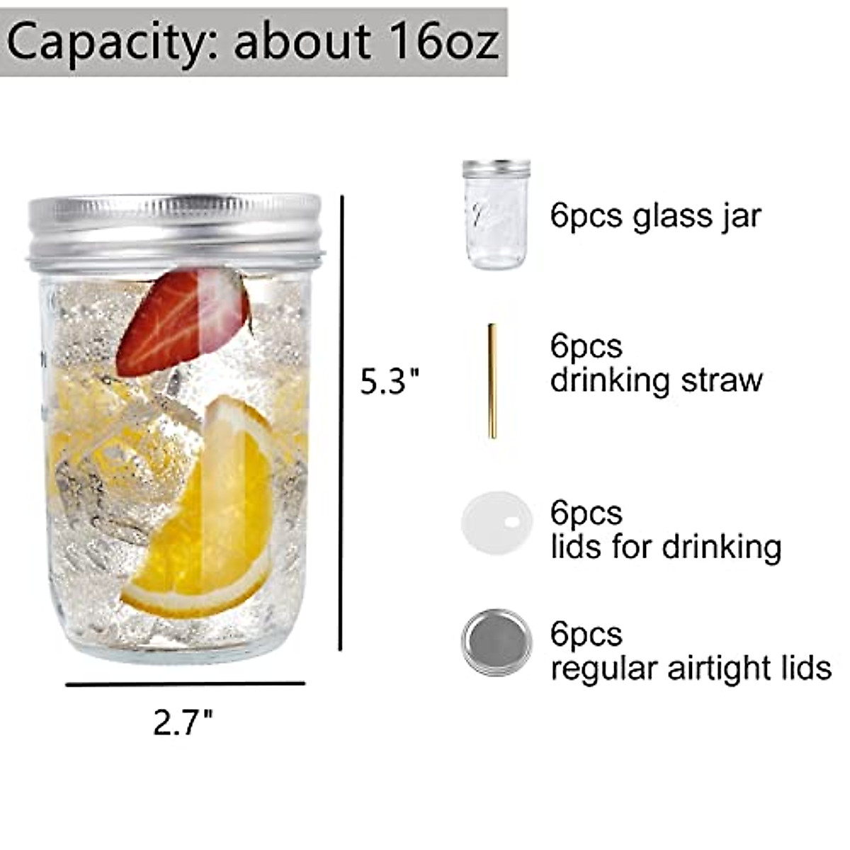 Dicunoy Set of 6 Drinking Mason Jar with Lids and Straws, 16OZ Wide Mouth Glass Bubble Tea Cup, Reusable Smoothie Cups, Canning Jars for Preserving, Meal Prep, Overnight Oats, Jam