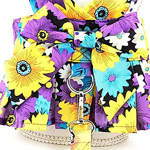 SMALLLEE_LUCKY_STORE Dog Floral Harness Dress with Leash Set,Bow Puppy Princess Dress for Small Medium Dog Cat Girls Adjustable Pet Skirt with D-Ring Female Dog Clothes Summer Apparel,Purple,M