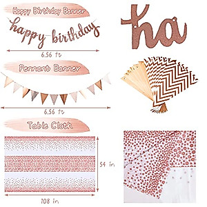 Rose Gold Birthday Decorations, Happy Birthday Banner Rose Gold, Rose Gold Balloons, Rose Gold Tablecloth Fringe Curtains, Pennant Banner and 3D Butterfly Stickers for Women Girls Birthday Party Supplies