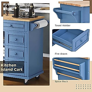 OTRIEK Kitchen Island, Kitchen Cart for Home with Rubber Wood Desktop, Rolling Serving Utility Trolley Cart on Wheel with Storage and 5 Draws, Kitchen Serving Cart for Dining Room, Bar (AAG-Blue)