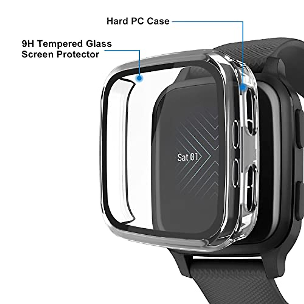 2 Packs Hard PC Case Compatible with Garmin Venu Sq Screen Protector Built in 9H Tempered Glass, NAHAI Full Cover Bumper All Around Anti-Scratch Shell for Garmin Venu Sq Music Smartwatch, Clear/Clear
