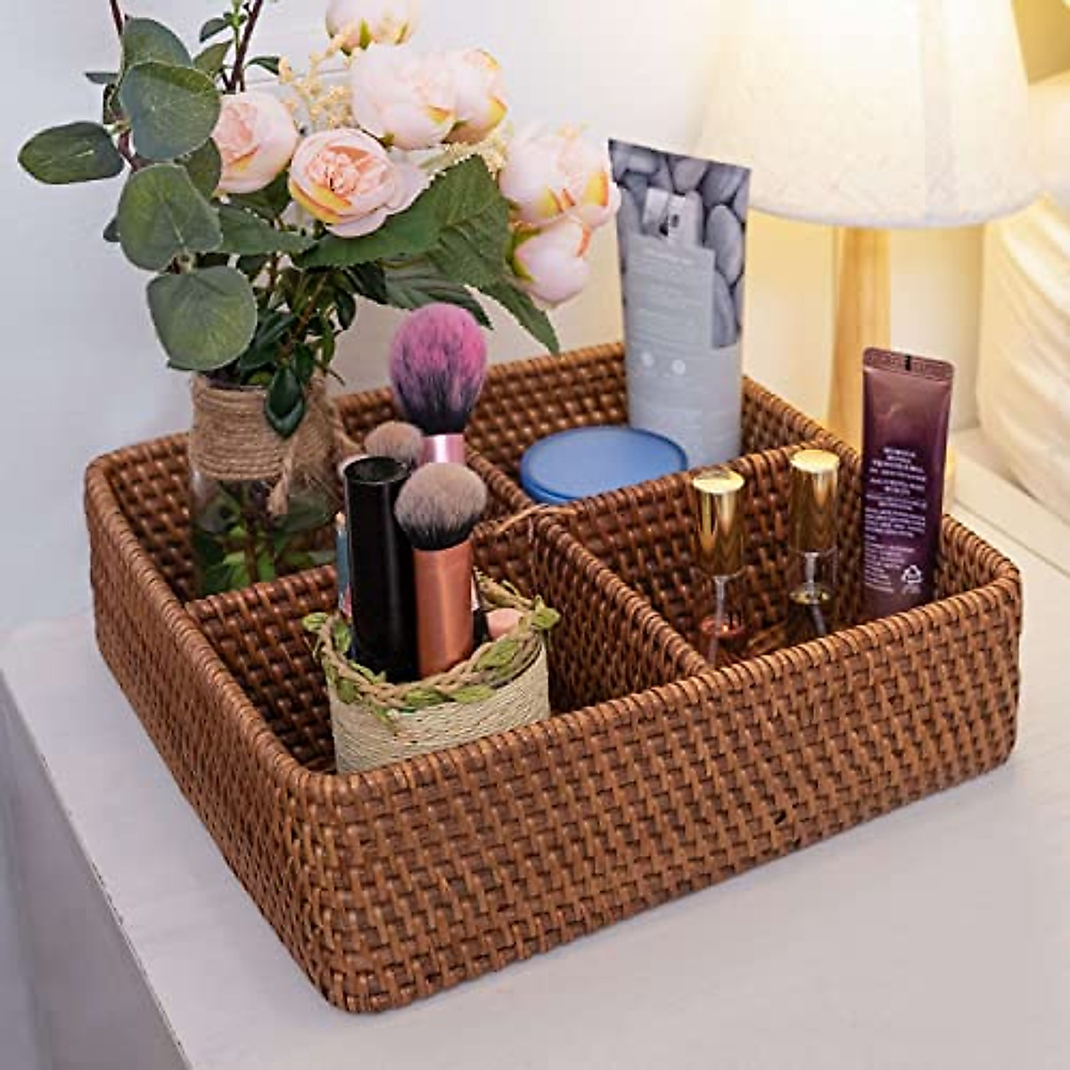 Rattan Basket Compartments Square Divided Organizer 4-Section for Shelves 12 x 12 x 3.5 in Divided Basket Wicker Toilet Paper Basket for Storage Organizing Bathroom(4-Divider, Dark Brown)