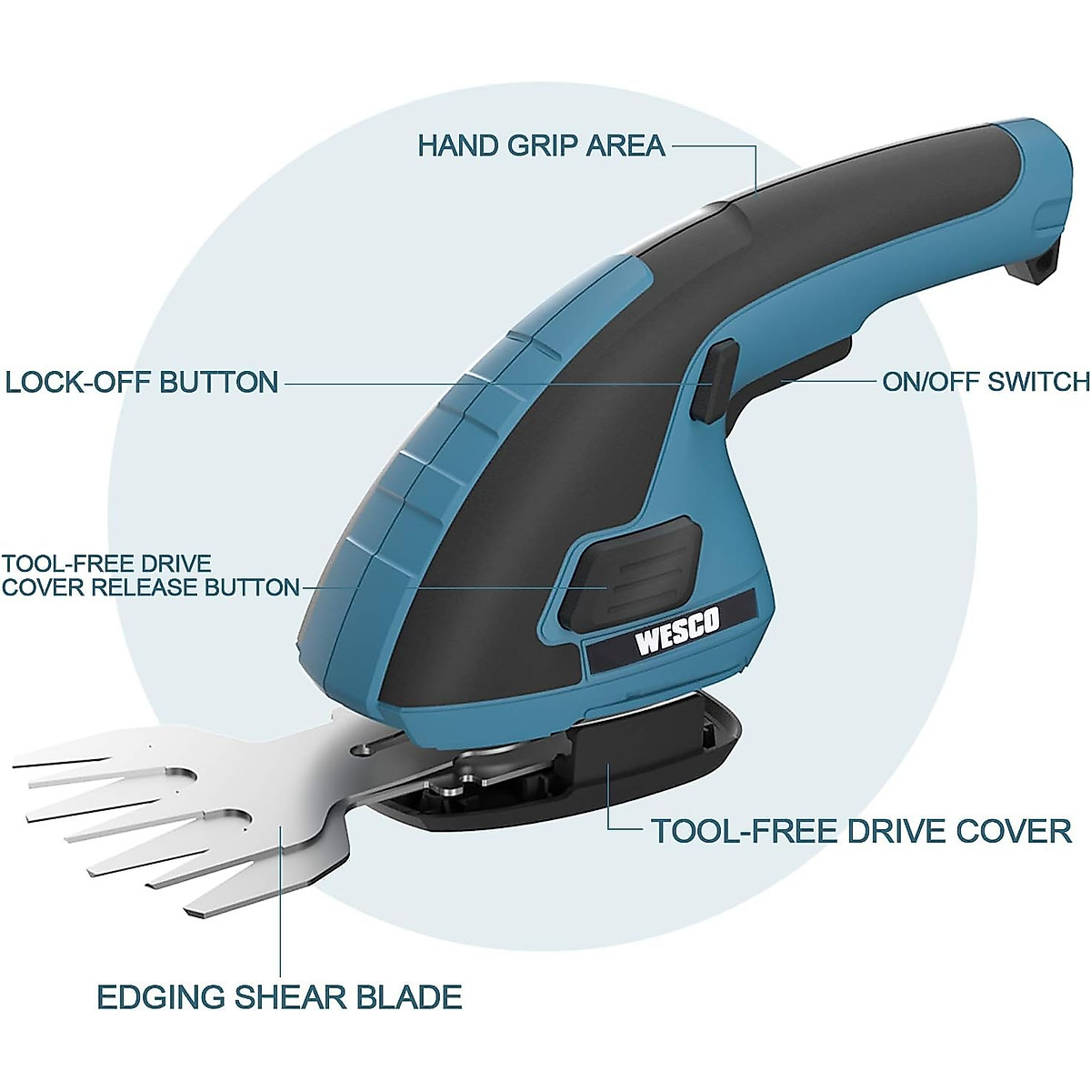 WESCO 7.2V Grass Shears Hedge Trimmer, 2-in-1 Handheld Shrub Trimmer with Rechargeable Lithium-ion Battery and Charger