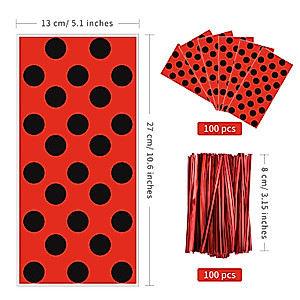 Lecpeting 100 Pcs Ladybug Treat Bags Red Black Polka Dots Cellophane Candy Bags Goodie Storage Bags Ladybug Party Favor Bags with Twist Ties for Ladybug Theme Birthday Party Supplies