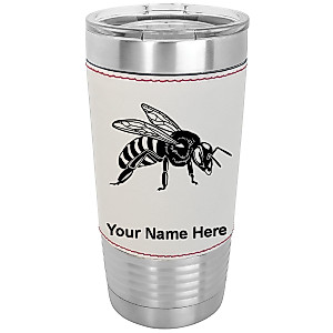 LaserGram 20oz Vacuum Insulated Tumbler Mug, Honey Bee, Personalized Engraving Included (Faux Leather, Baseball Style)