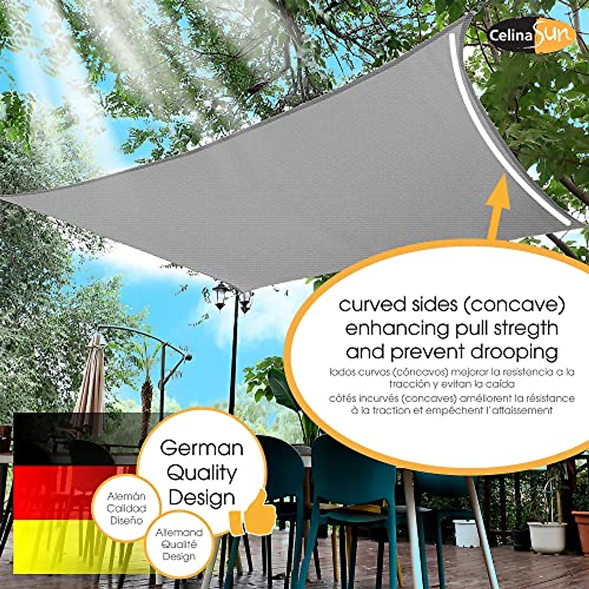CelinaSun Sun Shade sail incl Fastening Ropes Square 12 x 12 ft Light Gray Premium Sun Shade Outdoor Weatherproof Breathable sail Shade