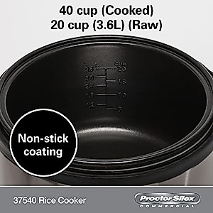 Proctor Silex Commercial 37540 Rice Cooker/Warmer, 40 Cups Cooked Rice, Non-Stick Pot, Hinged Lid, Stainless Steel Housing