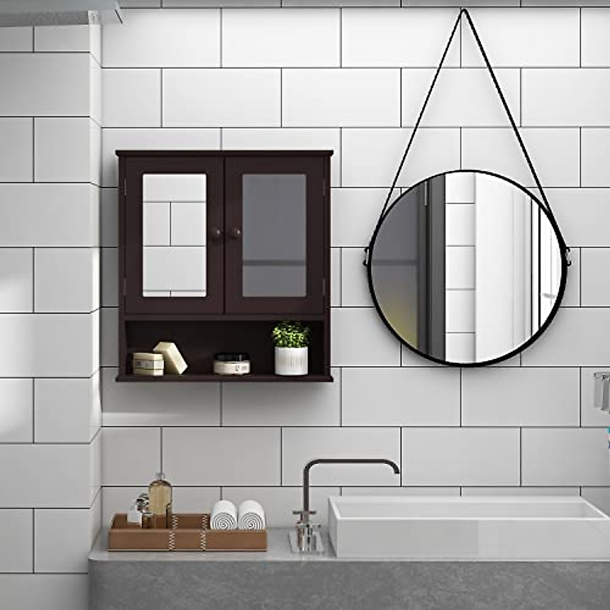 TaoHFE Brown Medicine Cabinets for Bathroom with Mirror 2 Doors 3 Open Shelf Bathroom Hanging Cabinet Wall Mounted Wooden Bathroom Storage Cabinet Over Toilet Bathroom Cabinet Laundry Room Kitchen