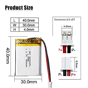 KBT 3.7V 400mAh Li-Polymer Battery: 303040 Rechargeable Lithium-ion Batteries Replacement with 2.0 JST Connector for Car Dash Video Recorder, Digital Camera, Electric Toys, Headlamp, GPS Devices