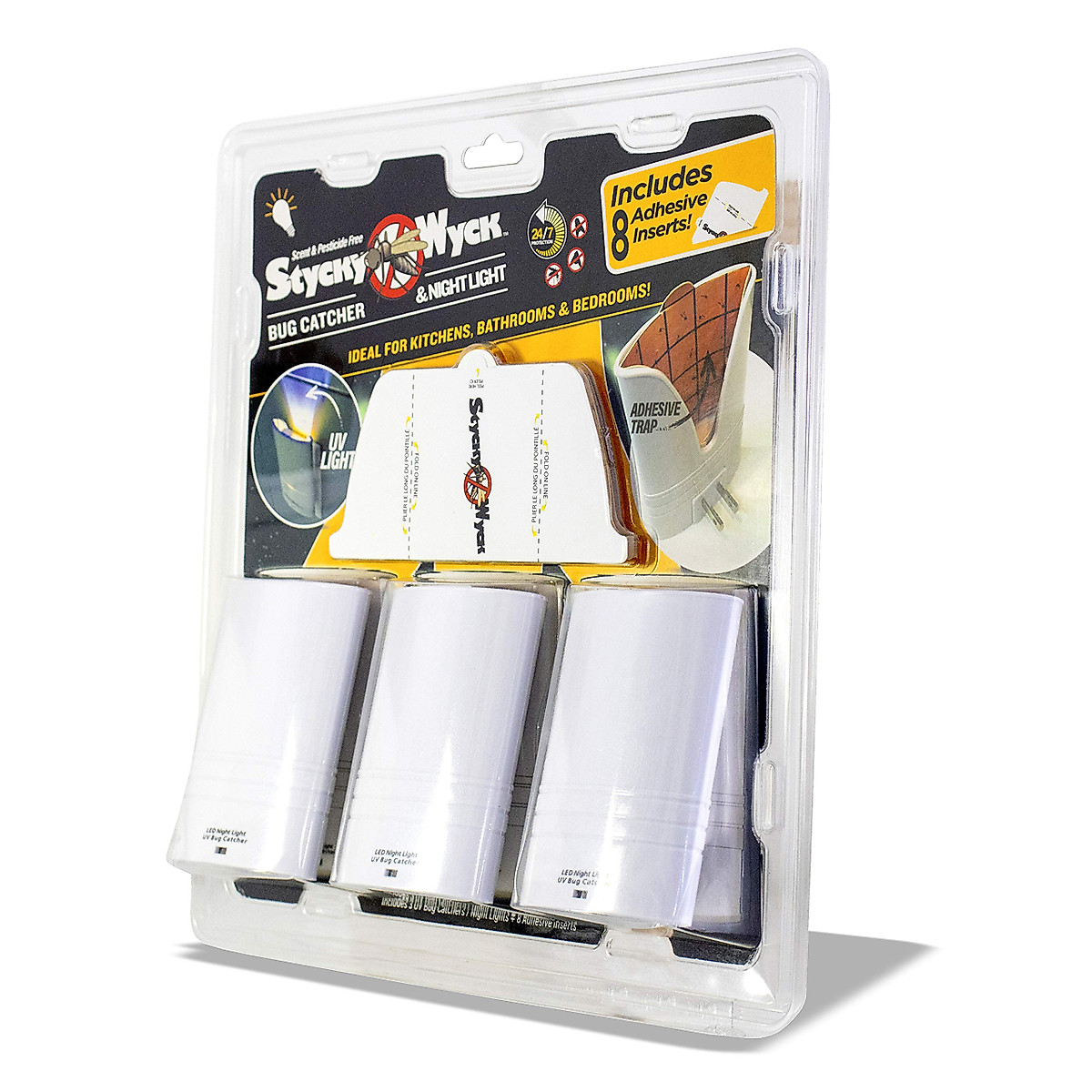 Stycky Wyck LED UV Bug Catcher (Multi-Pack) - Plug in Bug Catcher - Night Light - Safe for Indoor Use - Adhesive Inserts Included