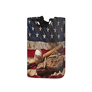 YETTASBIN Baseball American Flag Laundry Hamper, Waterproof Foldable Laundry Basket Large Dirty Clothes Toys Storage Basket with Handle for Bathroom, Bedroom, Laundry Room, Playroom