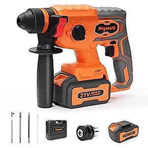 Heywork Cordless Rotary Hammer Drill, 4 Modes Variable Speed and Adjustable Handle, SDS-Plus Chuck Hammer Drill with 21V 2*4.0Ah Li-ion Battery and Charger, Electric Hammer Drill for Wall, Concrete.