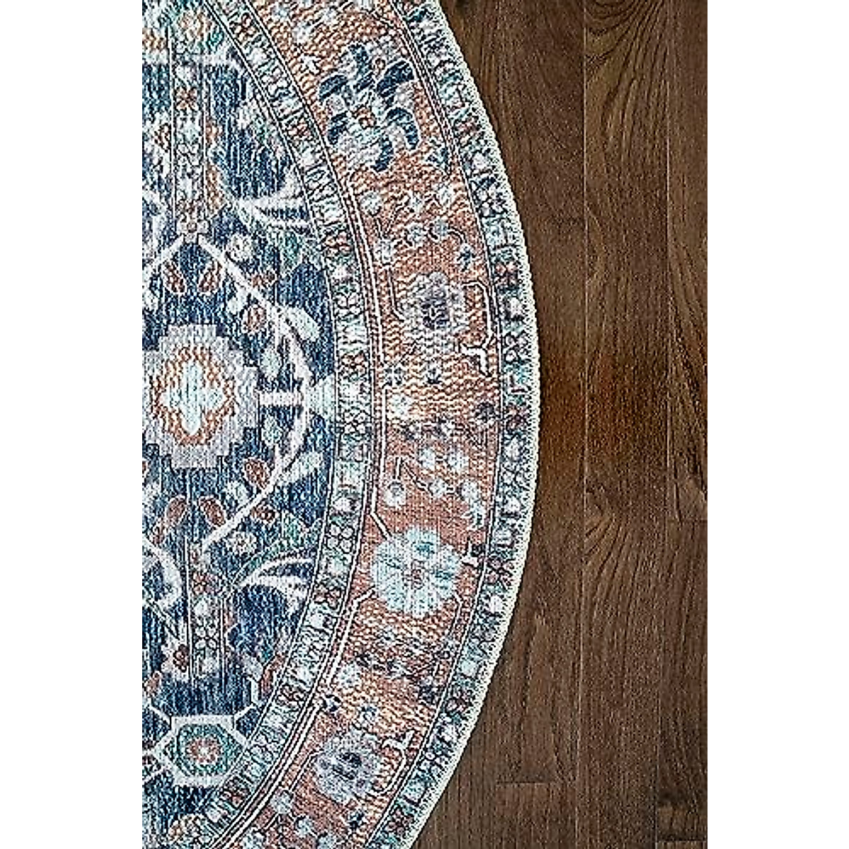 Softwoven Rugs, 5' Round Machine Washable Rug, 90% Cotton, Non-Slip, Family & Pet Friendly, Stain Resistant, Non-Shed, Vintage Design Area Rug for Living Room, Hallway - Navy and Brown