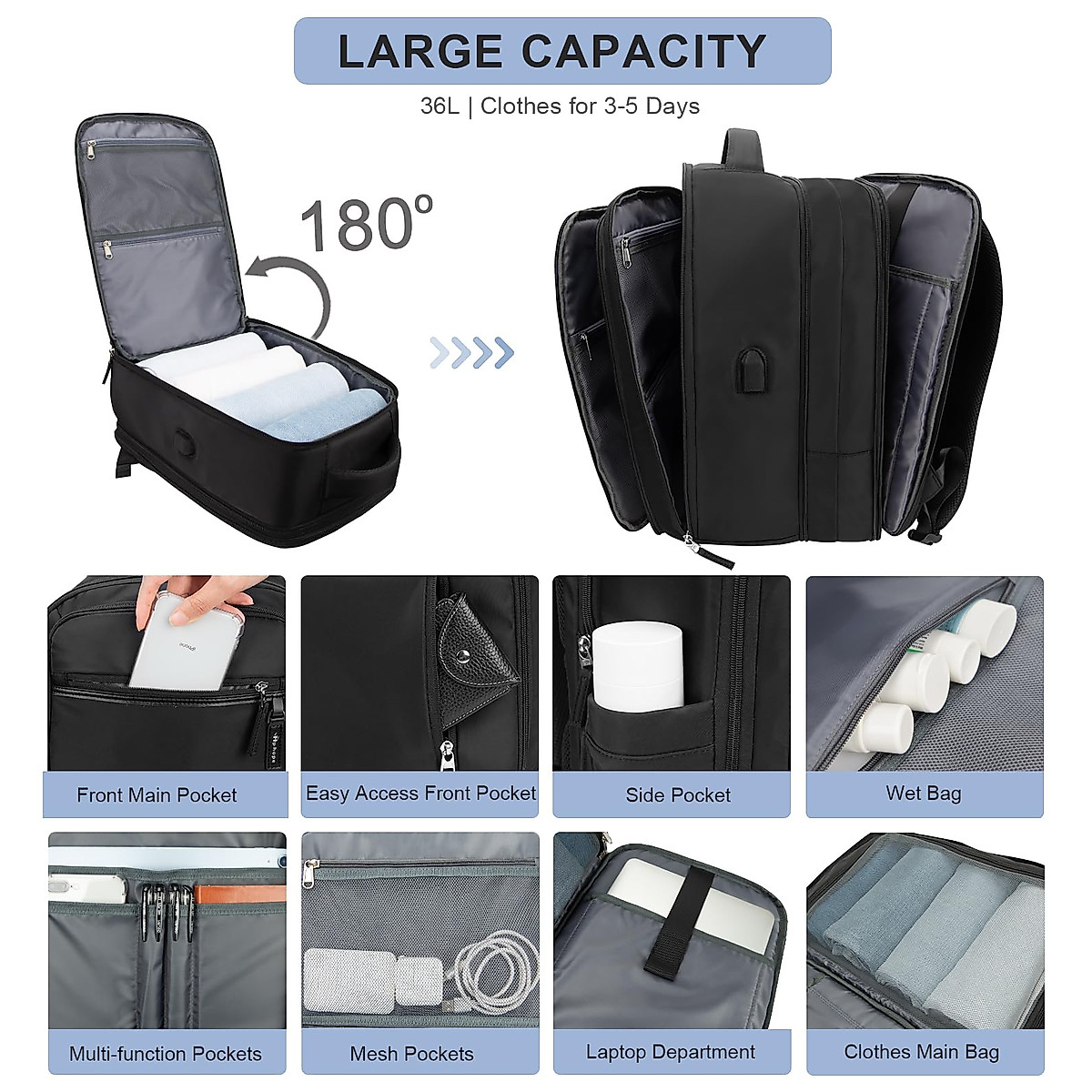 Hp hope Travel Backpack for Women Men, Expandable Airline Approved Carry On Backpack Flight Approved, Waterproof Hiking Weekender Backpack with USB Charging Port & Shoes Compartment, Black