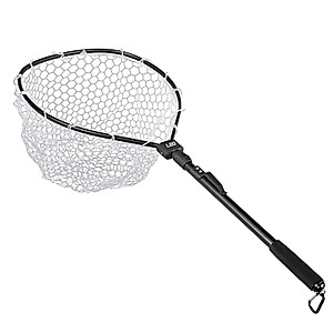 AIKENR Folding Fishing Net, Fly Fishing Landing Net Soft Rubber Safe Catch and Release, Aluminum Alloy Frame and Comfortable EVA Handle with Sturdy Carabiner