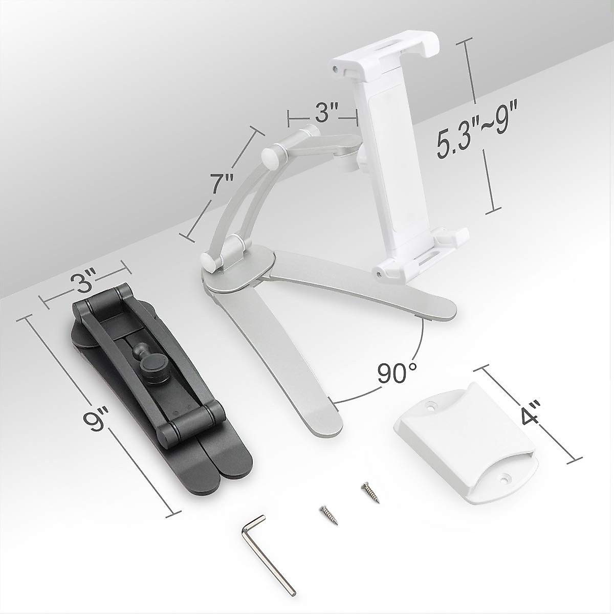 AYADA Kitchen Cabinet Tablet Holder, 2 in 1 Wall Mount Desktop Stand for ipad 12.9 Aluminum Alloy Metal Adjustable Multiangle Foldable Universal Phone Tablet Bracket Cooking Table Counter Top (Silver)