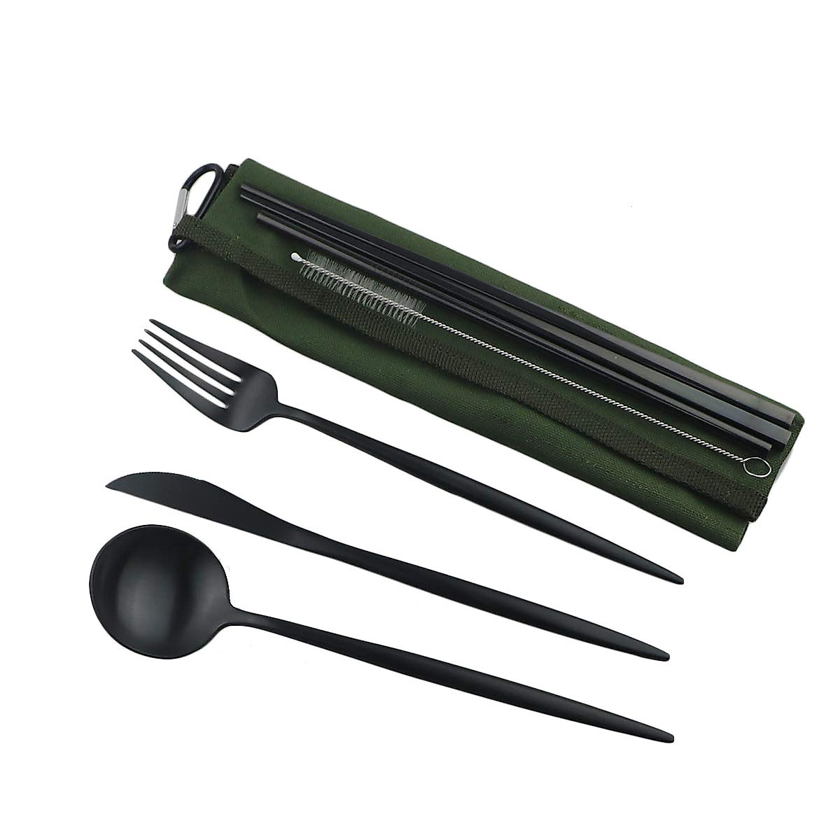 Gugrida Reusable Travel Utensils, 7 Piece Portable 304 Stainless Steel including Knife Fork Spoon Chopsticks Cleaning Brush Straws Portable Pouch, Eco-friendly Camping Silverware Set, Dishwasher Safe