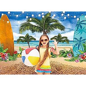 Allenjoy Summer Beach Ocean Photography Backdrops Blue Sky Seaside Surfboard Tropical Palm Trees Luau Kids Girl 1st Birthday Party Decor Banner Baby Shower 7x5ft Photoshoot Background Photo Booth Prop