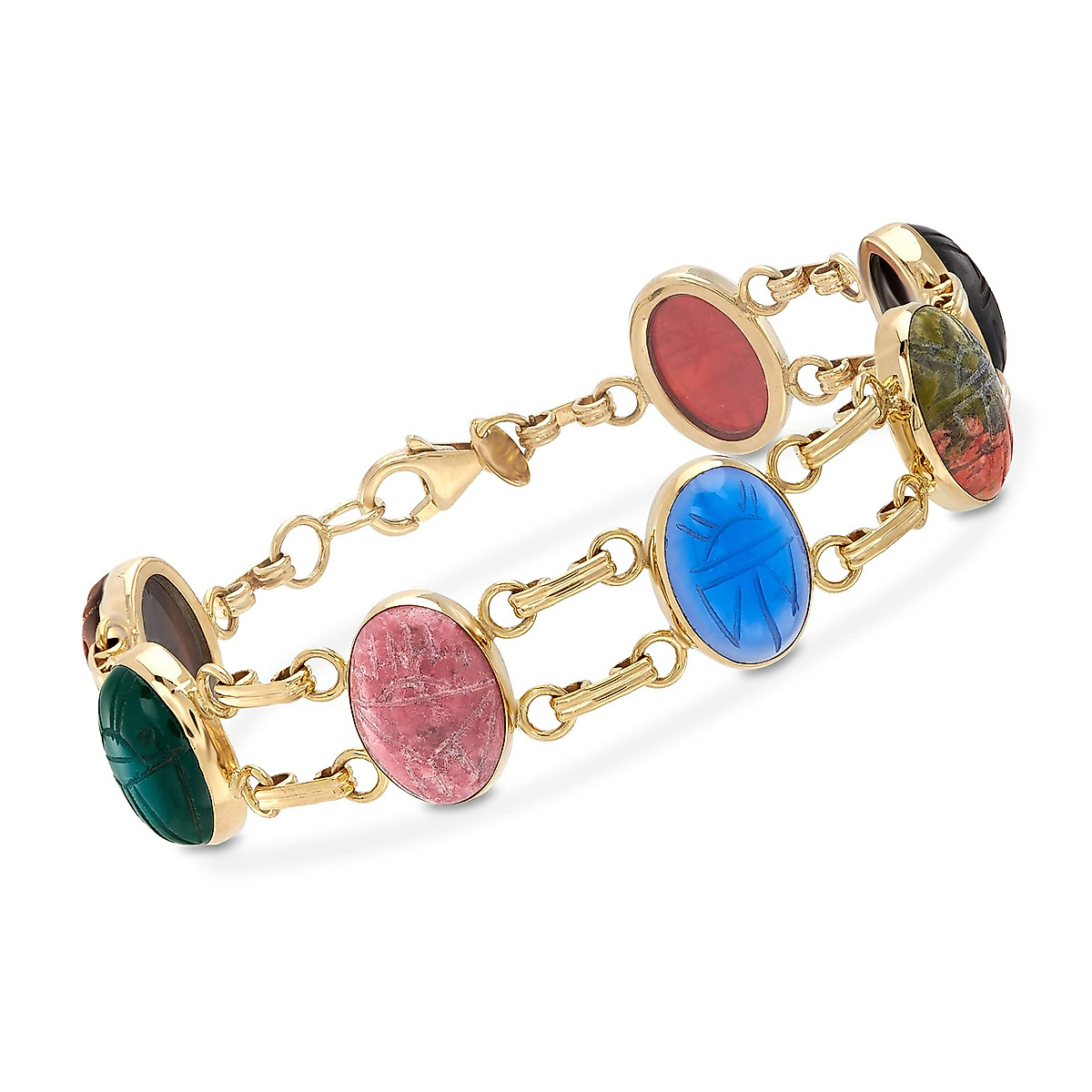 Ross-Simons Multi-Gemstone Scarab Bracelet in 18kt Gold Over Sterling. 7 inches