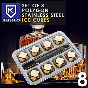 KEISSCO Stainless Steel Chilling Cubes Reusable Ice Cube Whiskey Stones for Drinks Beverage Jumbo Chilling Stones Set with Ice Tongs and Freezer Storage Tray for Whiskey, Gold Color Edition (8 Pack)