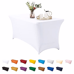 ManMengJi White Spandex Table Cover 6 ft, Stretch Tablecloths for Standard Folding Tables, Universal Rectangular Fitted Table Cloths for Wedding, Banquet, Party and Events