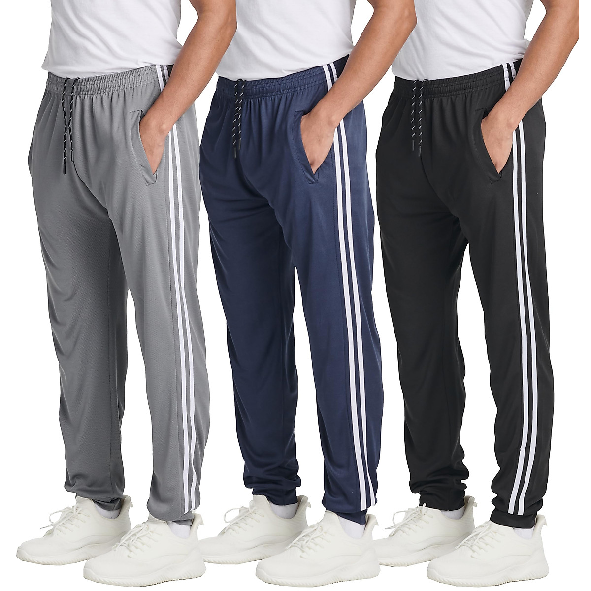 3 Pack Mens Joggers Tech Mesh Active Sports Athletic Training Soccer Track Gym Running Slim Fit Tiro Tapered Casual Jogger Terry Quick Dry Dri Fit Sweatpants Pockets Elastic Hiking Bottom- Set 5, L
