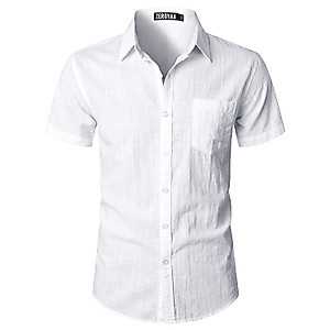 ZEROYAA Men's Fitted Cotton Linen Casual Short Sleeve Button Up Shirts Lightweight Beach Tops with Pocket ZLSC34-White Medium