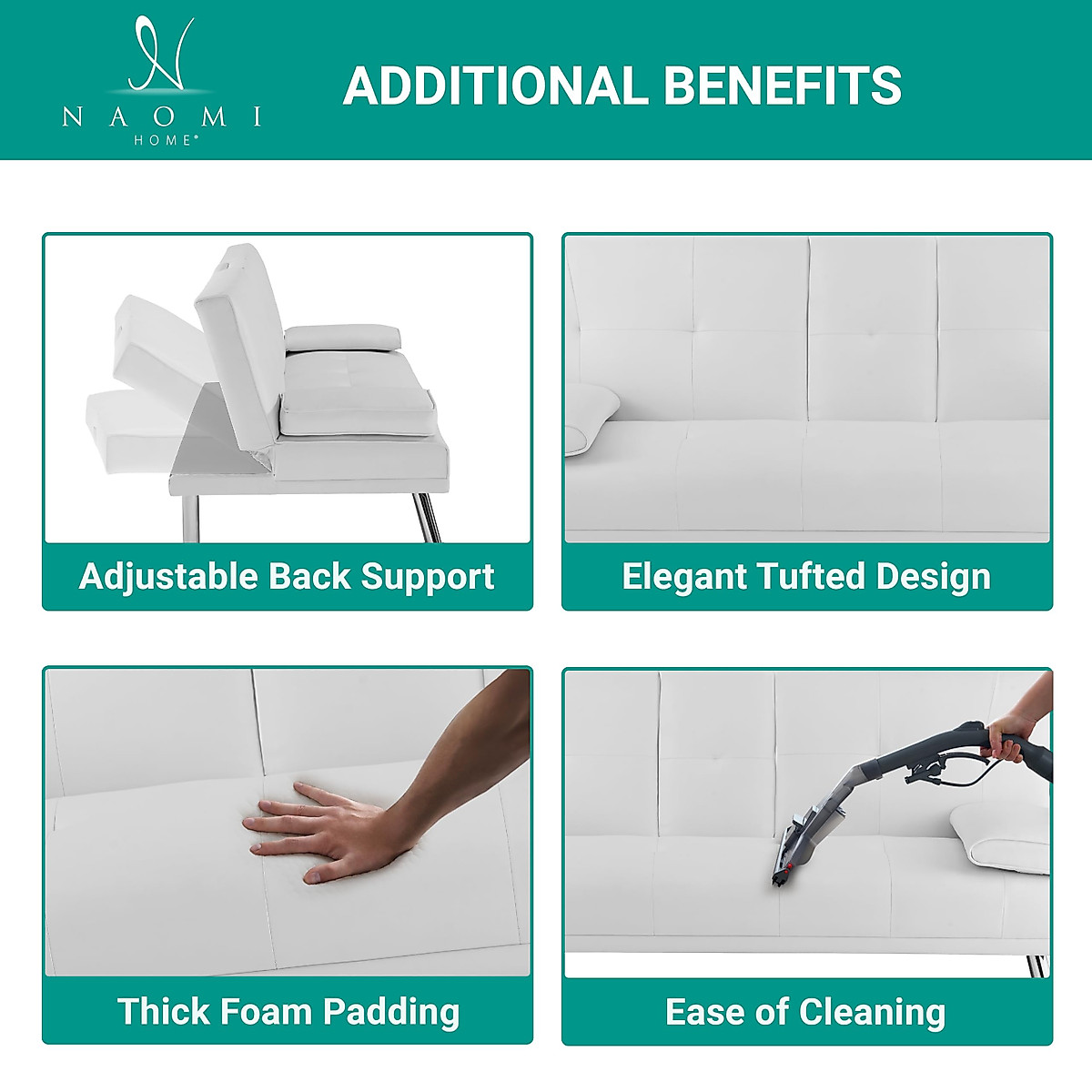 Naomi Home Transform Your Living Space with Comfort White Futon Sofa Bed with Armrest, Cupholders, & Reclining Function, Ideal for Cozy Living Rooms! Sofa Bed Couch with Metal Legs, Faux Leather