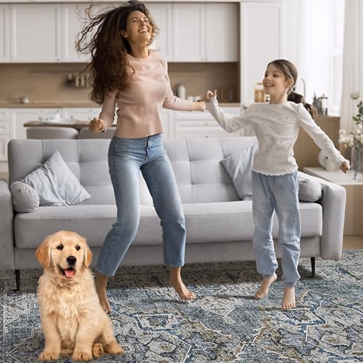 Area Rug Living Room Rugs, 8x10 Machine Washable Rug, Boho Large Rug with Non-Slip Rubber Backing, Non-Shedding Stain Resistant, Indoor Carpet for Bedroom Dining Room Nursery Home Office (Grey)