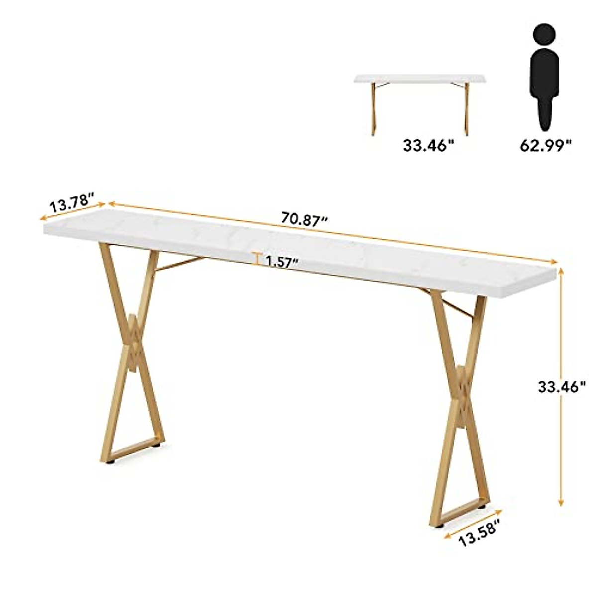 Tribesigns Console Table White Gold, 70.9" Extra Long Modern Couch Table Behind Sofa Tables Narrow Long, Wood Skinny Counter Height Tall Hallway Table for Entryway Living Room, Faux Marble
