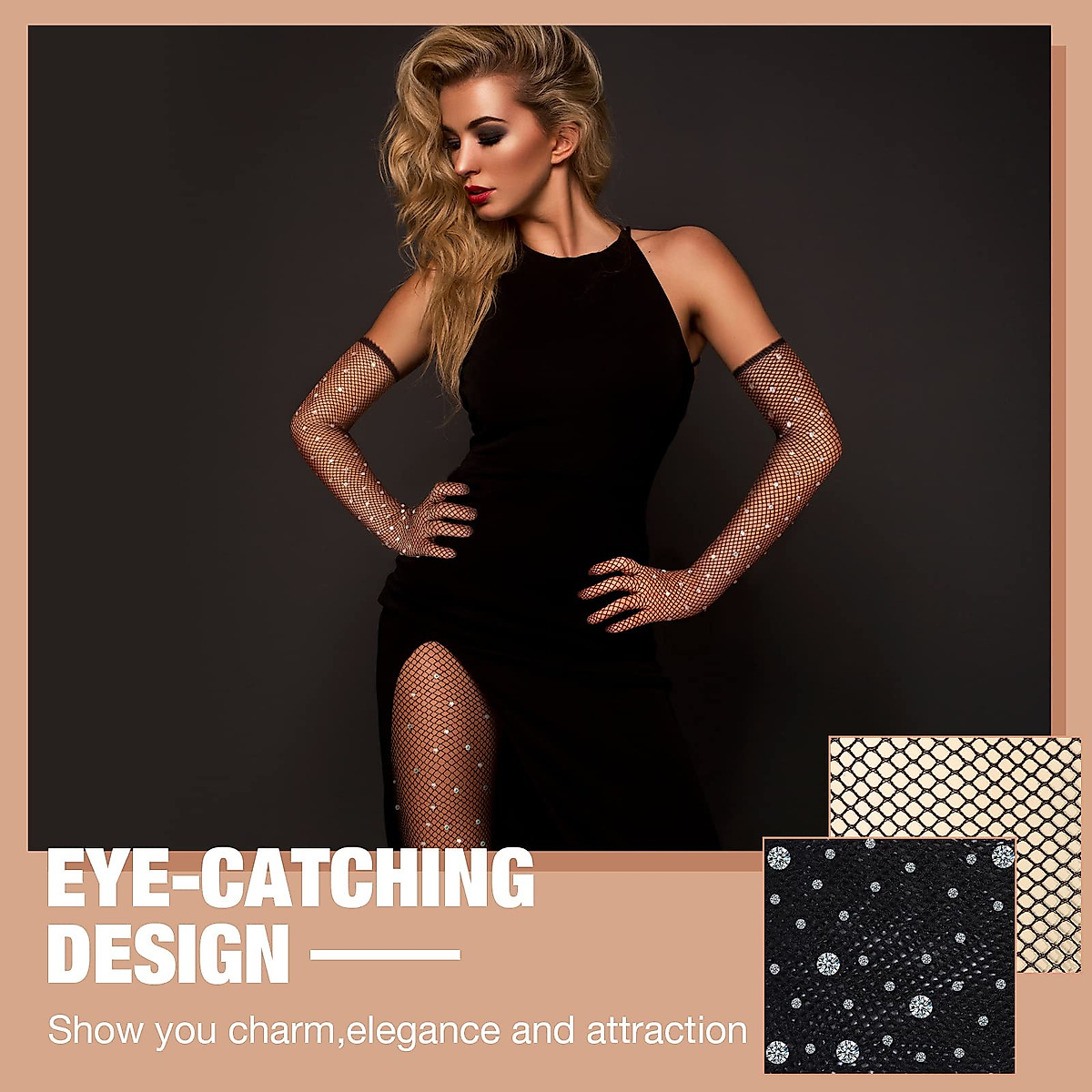 SATINIOR Rhinestone Fishnets Mesh Stockings with Glitter Gloves Black Fishnet Gloves Rhinestone Gloves for Women Girls (Cute Style)