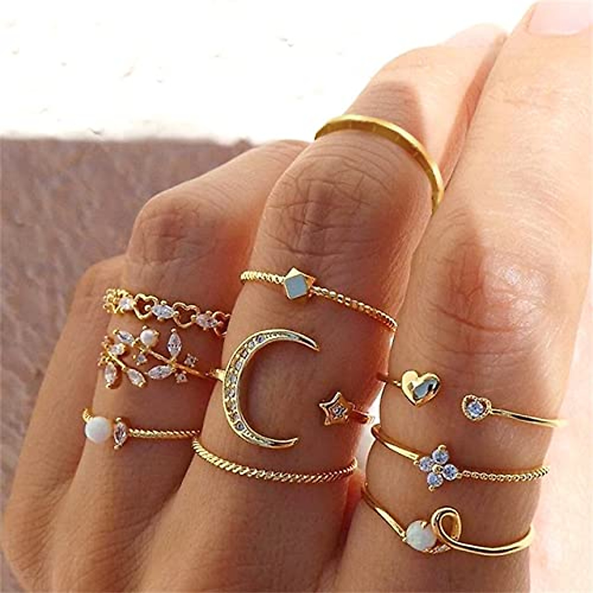 INENIMARTJ Boho Rings for Women Teen Girls,Gold Stacking Rings Set Stackable Knuckle Moon Star Heart Leaf Mid Finger Rings (Moon Star Rings)