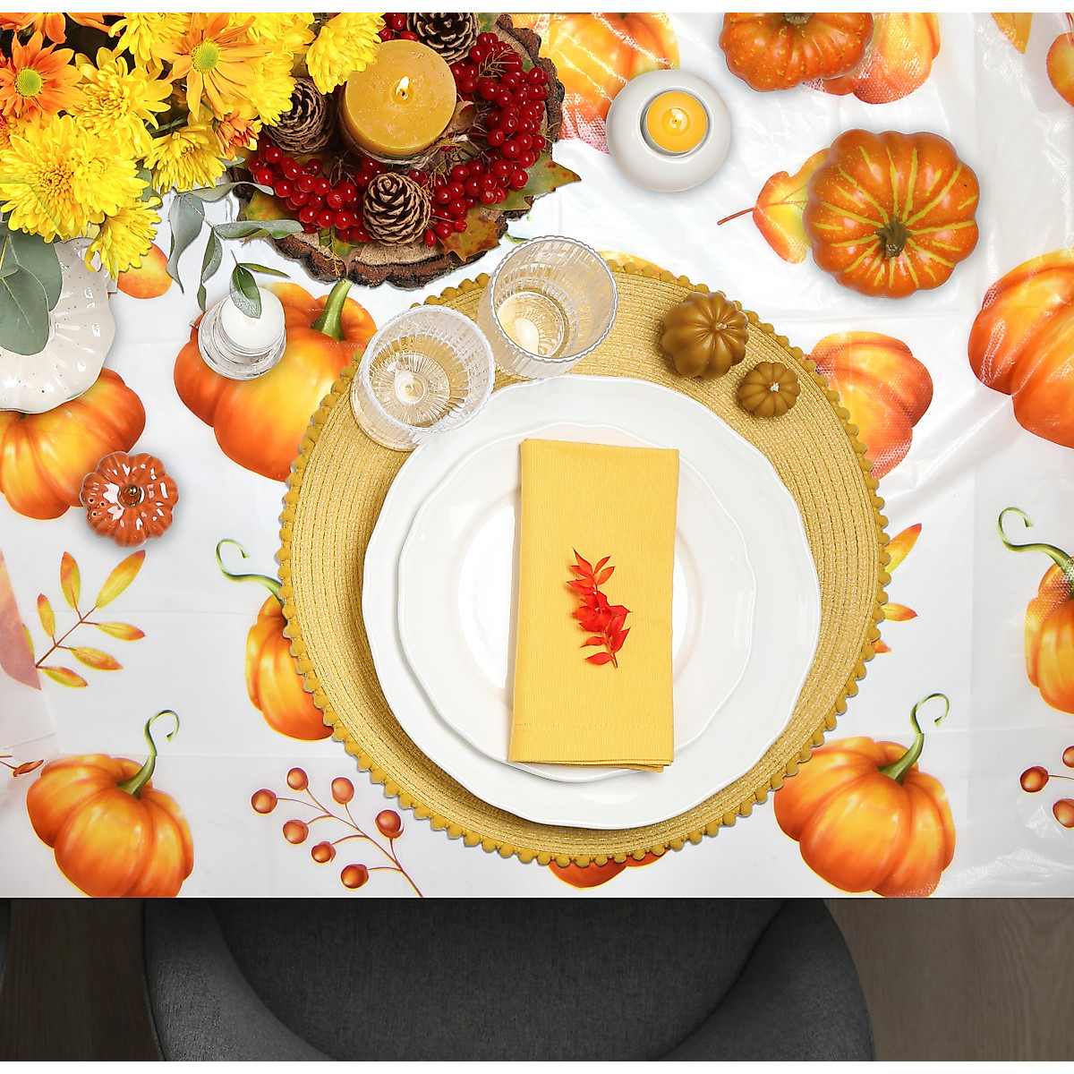 Gift Boutique 6 Disposable Thanksgiving Pumpkin Tablecloths 54" X 108" Rectangle Fall Harvest Autumn Leaves Plastic Table Cover Party Supplies Decor