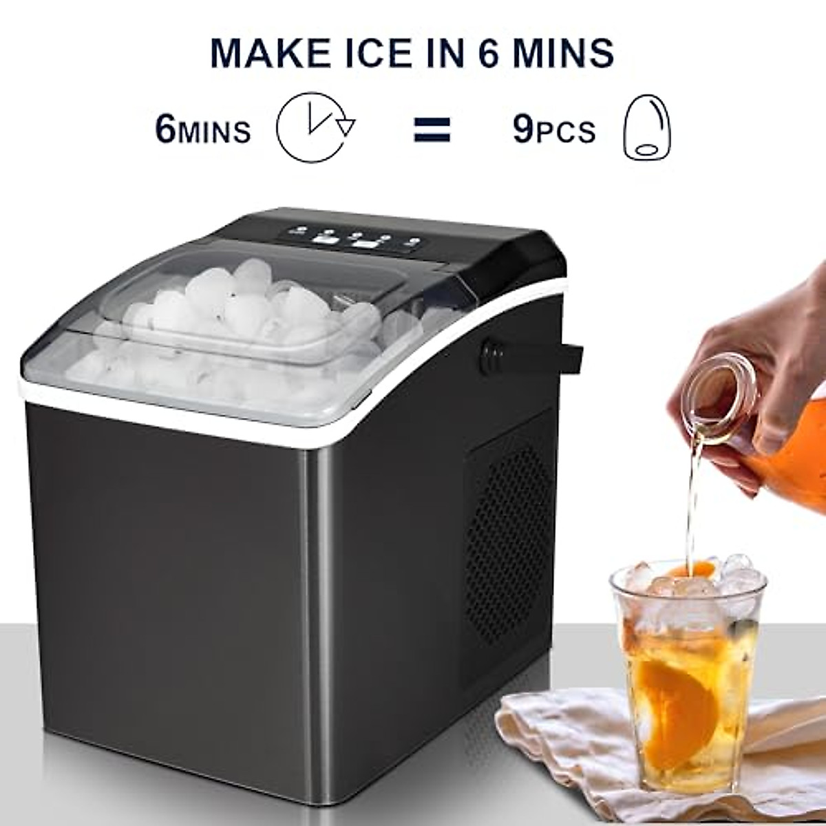 Koolatron Portable Countertop Ice Maker 26 lbs/24Hrs Black Stainless Steel 2 Ice Sizes Self-Cleaning 9 Ice Cubes in 6 Mins