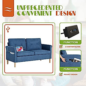 VAMEPOLE 58" Small Loveseat Sofa w/2 USB Charger Ports for Living Room, Mid Century Modern Decor Love Seat Couch, Small Love Seats for Small Spaces, Apartments, Dorm, Office (Navy Blue)