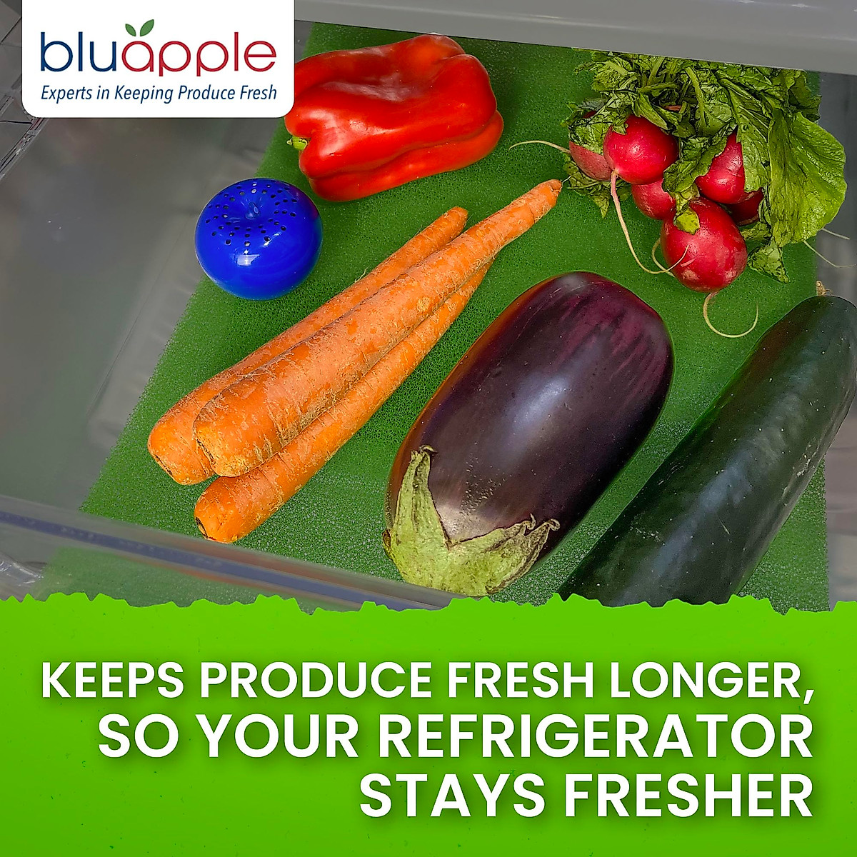 Bluapple FreshMats 4-Pack, 12" x 15" Cuttable, Washable, & Reusable Sponge Refrigerator Fruit & Vegetable Shelf Liner to Keep Produce Fresh Longer, Anti-Bruising, Promotes Air Circulation