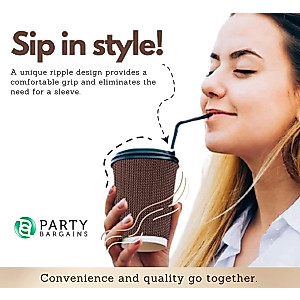 PARTY BARGAINS Ripple Hot Cups with Lids, 16 oz, 40 Count, Brown, Insulated Double Wall, Disposable Paper Coffee Cups, To-Go Cup, Tea, Hot Beverages, No Sleeve Needed