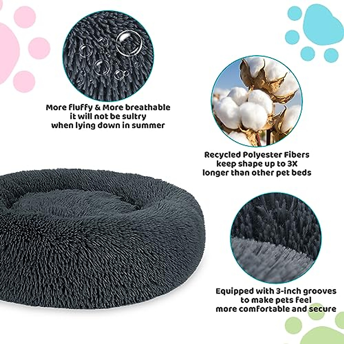 Coospdd Small Dog Bed, Anti-Anxiety Calming Dog Bed, Warming Cozy Soft Donut Dog Bed, Fluffy Faux Fur Plush Dog Bed for Small Dogs and Cats, Machine Washable.(Gray,20"/23"/30")