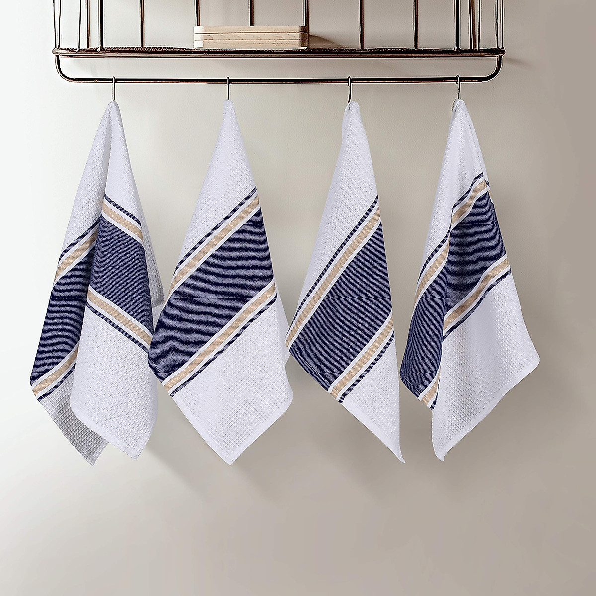 Bedding Craft- Set of 6 Blue/Beige Waffle Stripe Kitchen Towel – Absorbent Cotton Dishcloths for Drying Dishes, Farmhouse Kitchen Decor, Bar Towels, and More