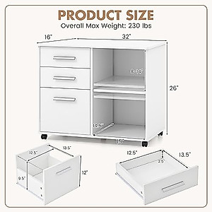 Giantex 3-Drawer File Cabinet for Office - Home Mobile Lateral Filing Cabinet with Hanging Bars, Open Storage Shelves, 5 Universal Wheels, Printer Stand for Letter Size Storage Cabinet (White)