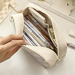 Clear Pencil Pouch Aesthetic School Supplies Large Cute Pencil Case for Girls Preppy Pencil Case Aesthetic (Beige,with Clip & Sticky Note)