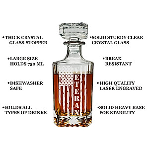 Veteran American Tattered Flag USA Patriotic Whiskey Decanter With Glass Stopper Custom Gift For Men Dad Veteran Father's Day