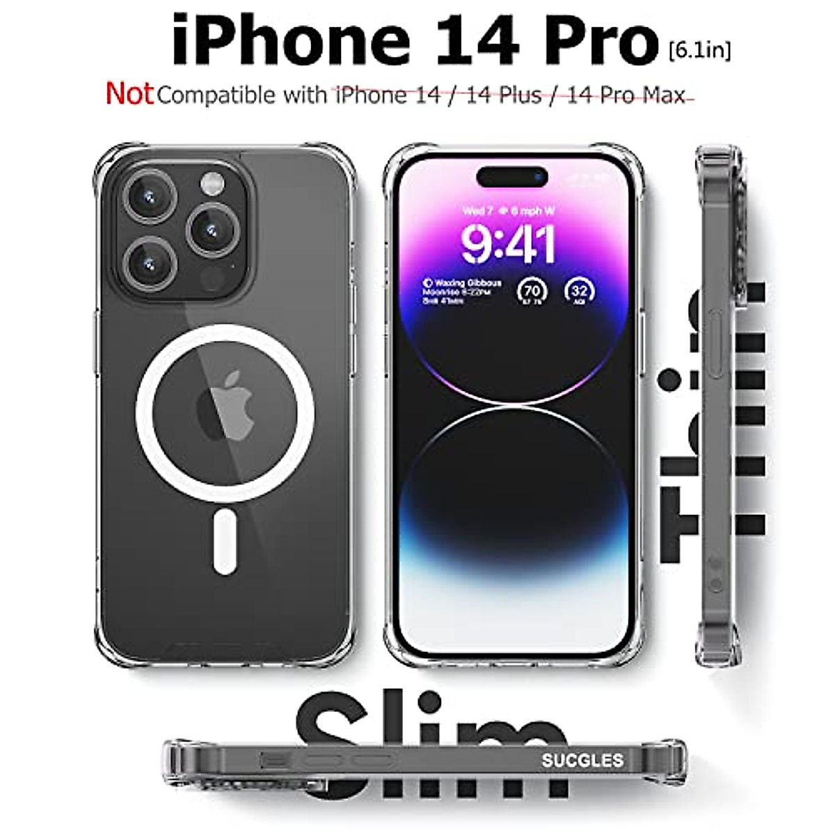 SUCGLES for iPhone 14 Pro Case, Compatible with MagSafe, Shockproof Military Grade Protection, Non-Yellowing, Strong Magnetic Slim Phone Cover for Apple 14pro, 6.1in (A-Magnet Clear Bumper)