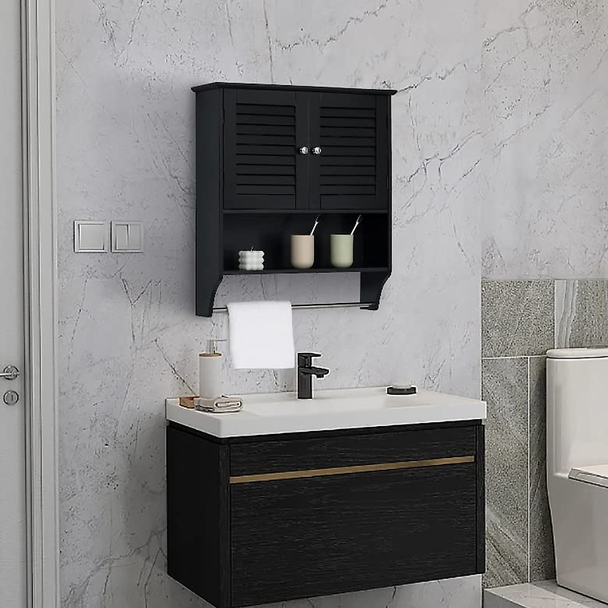 WEENFON Bathroom Wall Cabinet, Medicine Cabinet with 2 Shutter Doors & 2 Shelves, Bathroom Cabinet Wall Mounted with 1 Towels Rack, Over The Toilet Storage Cabinet, Black