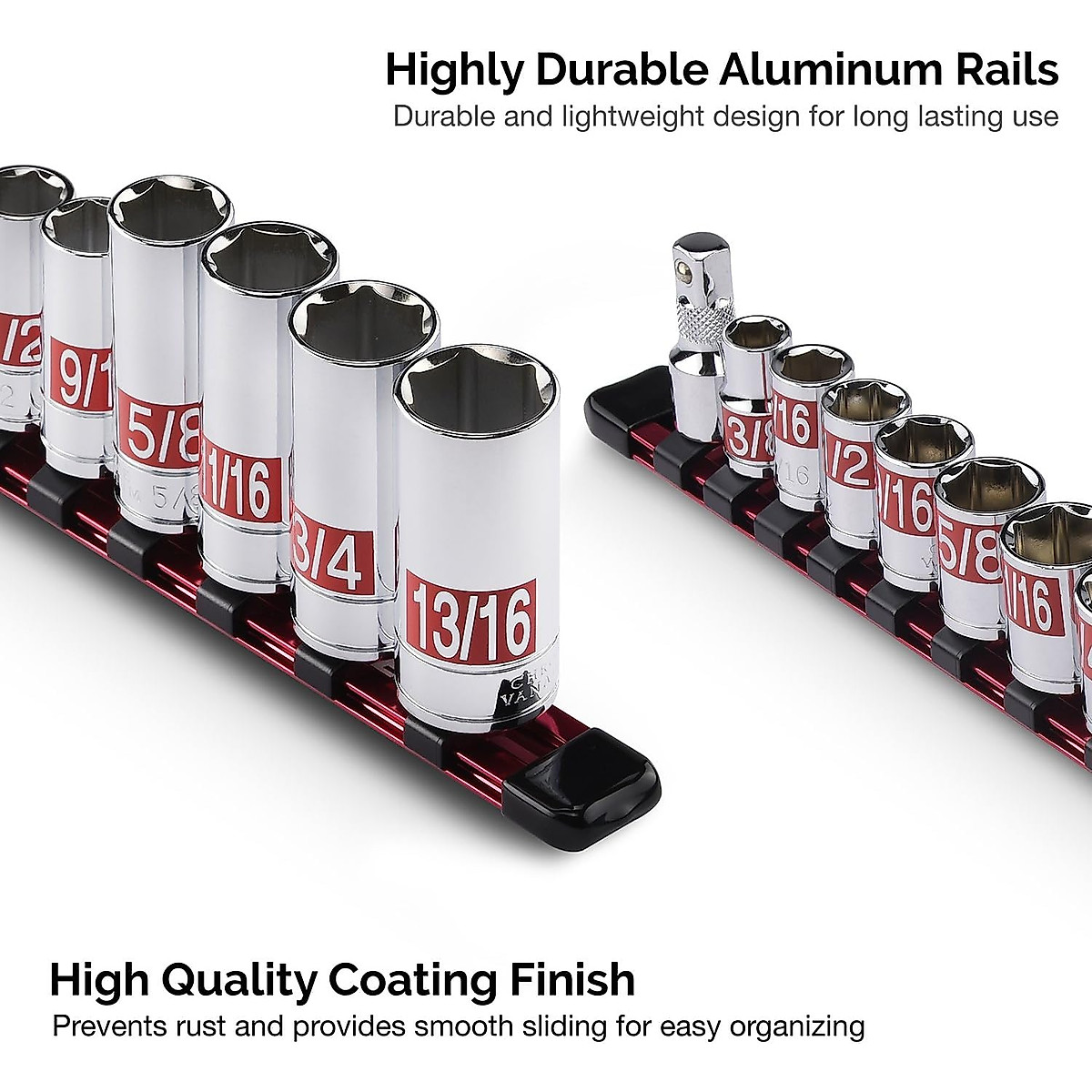 NEIKO 02454A Aluminum Socket Holder and Socket Organizer Tray for Toolboxes with Lightweight and Heavy-Duty Rails, 1/4-Inch, 3/8-Inch, and 1/2-Inch Drives, 3-Piece Socket Storage Set