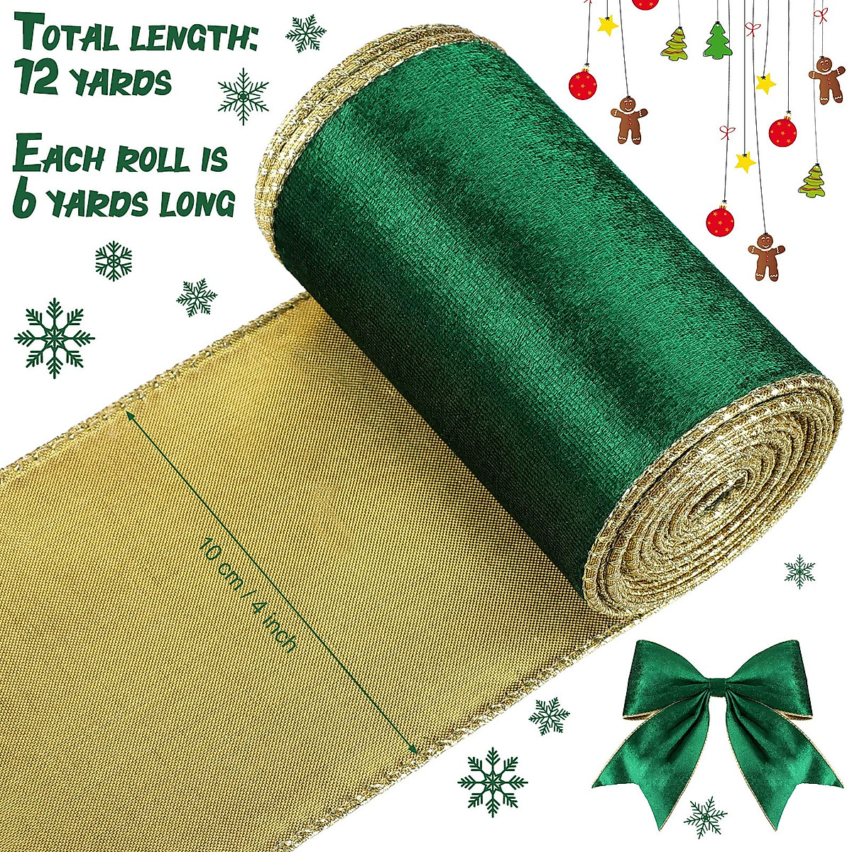 WILLBOND 2 Rolls Christmas Red Velvet Ribbon Wired Edge Trim Wrapping Fabric Christmas Ribbon for Gift Wrapping Bow Wedding Decoration Craft(4 Inch x 6 Yards,Green)