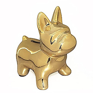 Ceramic Bulldog Piggy Bank for Boys Girls, Money Box for Kids, Coin Bank Keepsake with Plastic Stopper, French Bulldog Saving Jar, Nursery Décor (Golden)