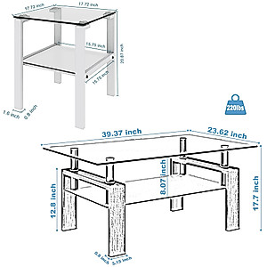 POULEII Living Room Table Set,3 Piece Glass Coffee Table and End Tables Set for Living Room,Coffee Table Set with Tempered Glass Tabletop and Metal Frame for Apartment, Small Space,White